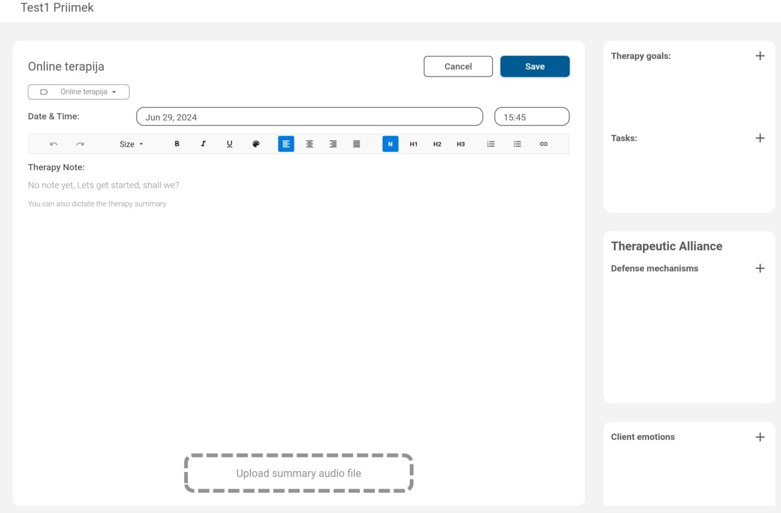Transcription of audio therapy notes - TINA Assistant