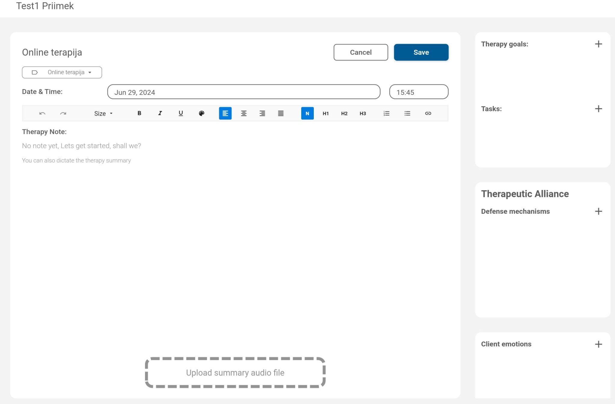 Transcription of audio therapy notes - TINA Assistant